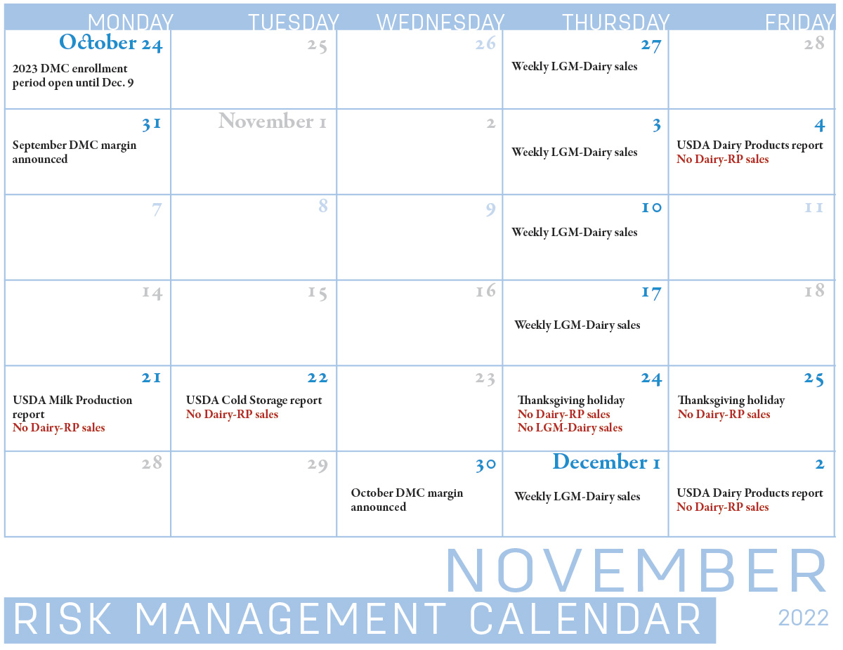 Dairy risk management calendar: November | Ag Proud